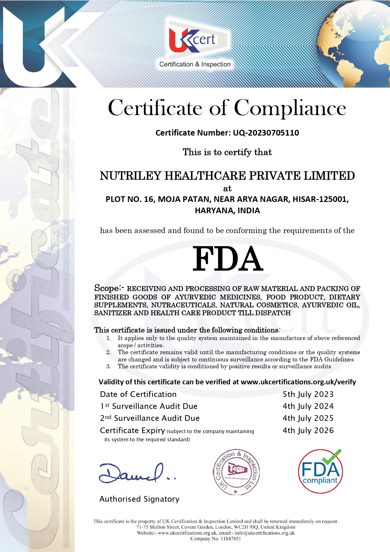Certifications - Nutriley Healthcare